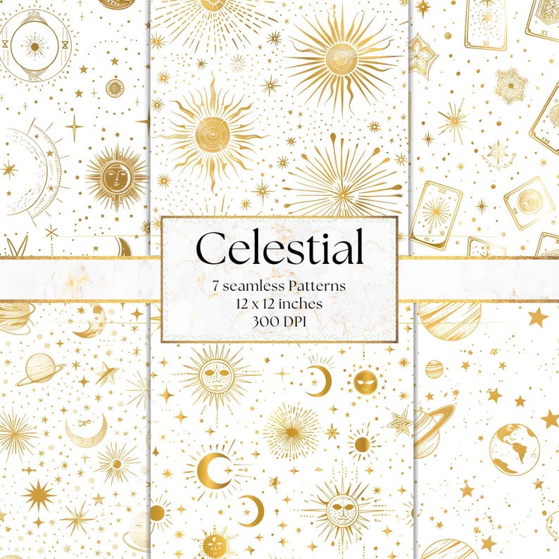Celestial Seamless Patterns | 7 White & Gold Minimal Patterns | Digital Paper Pack for Crafts ...