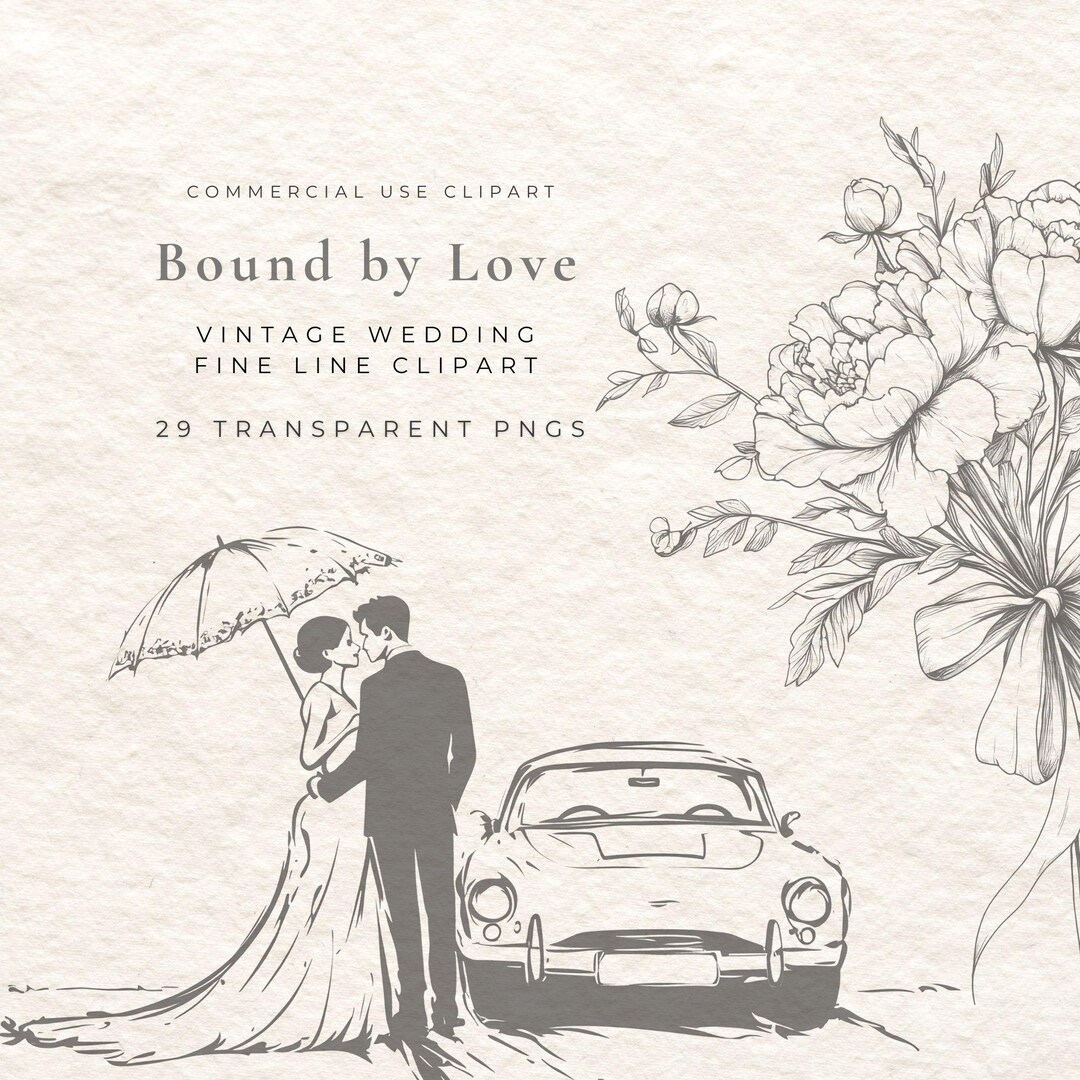Vintage Wedding Clipart | Fine Line Pencil Style (PNG, 300 DPI) - Etsy