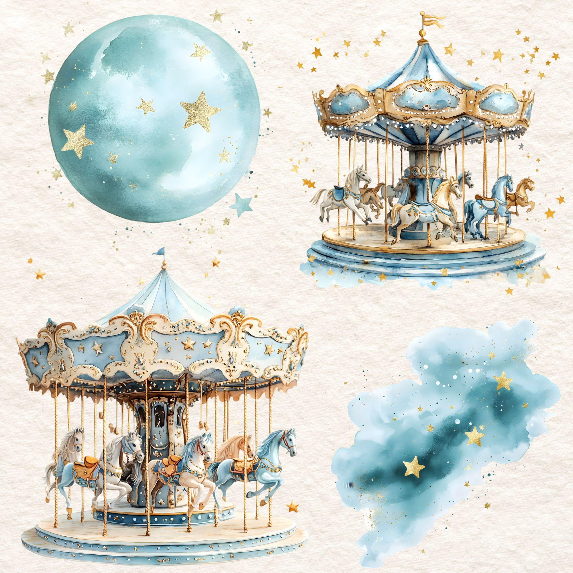Watercolor Carousel Clipart | Baby Blue Fairytale Horses (PNG) - Etsy