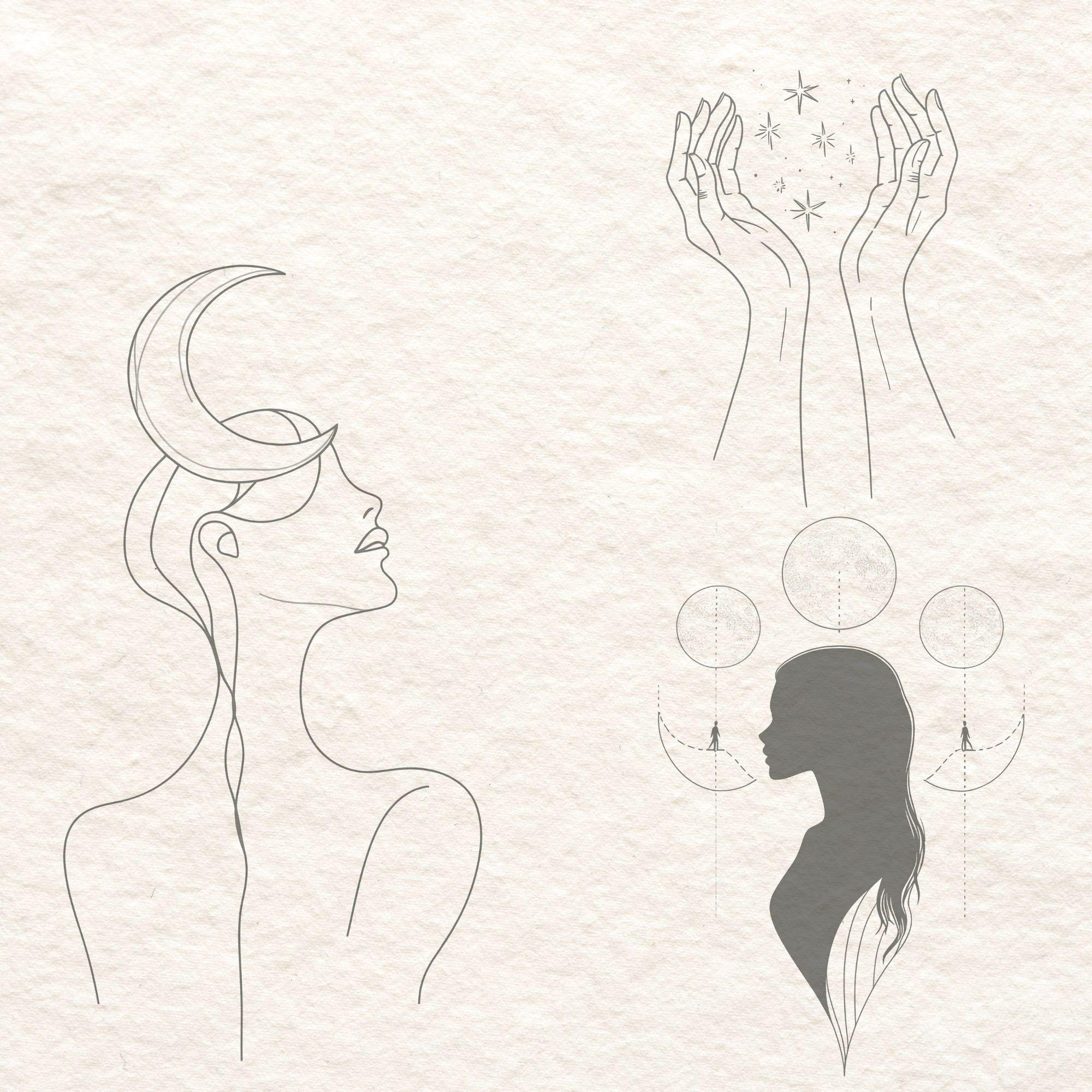 Goddess Symbols Fine Line Art Clipart | Boho Tattoo Logos (PNG) - Etsy