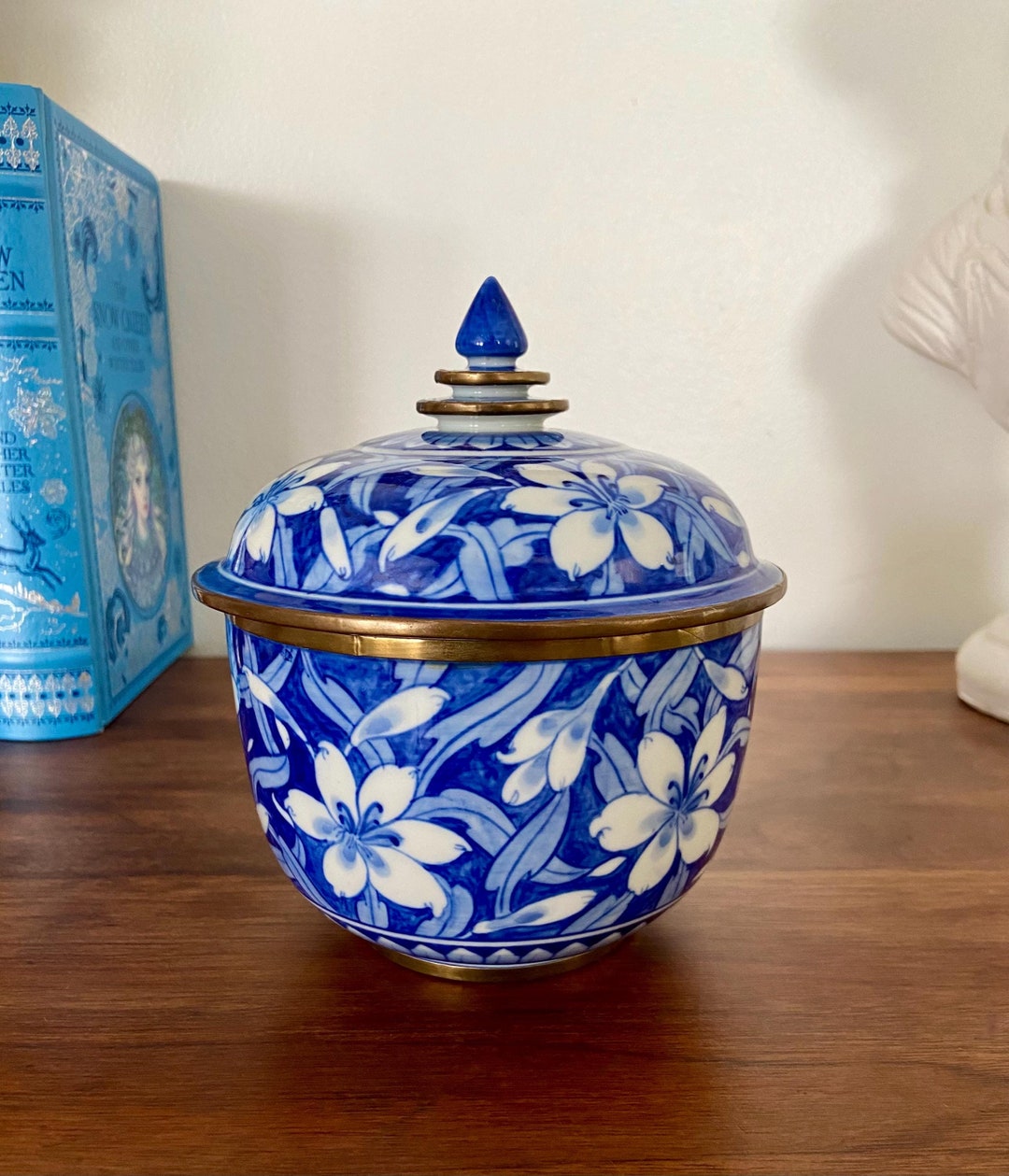 Vintage Thai Benjarong-style White and Blue Porcelain Bowl in Jasmine ...