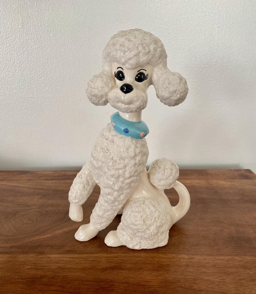 Vintage SIGNED Ceramic Poodle Figurine – White With Textured Fur & Blue ...