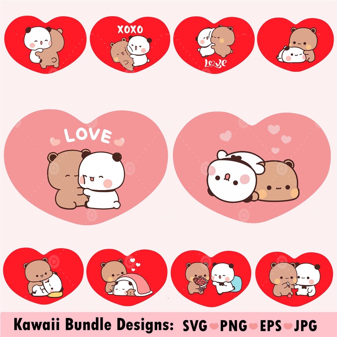 Kawaii Dudu Bubu Heart Hug Love, Panda Bear Couple Love Svg, 10 Cute ...