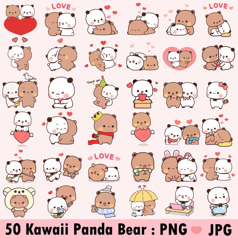 Kawaii Bundle Panda Bear Couple, 50 Cute Panda Bear Clipart, Cute ...