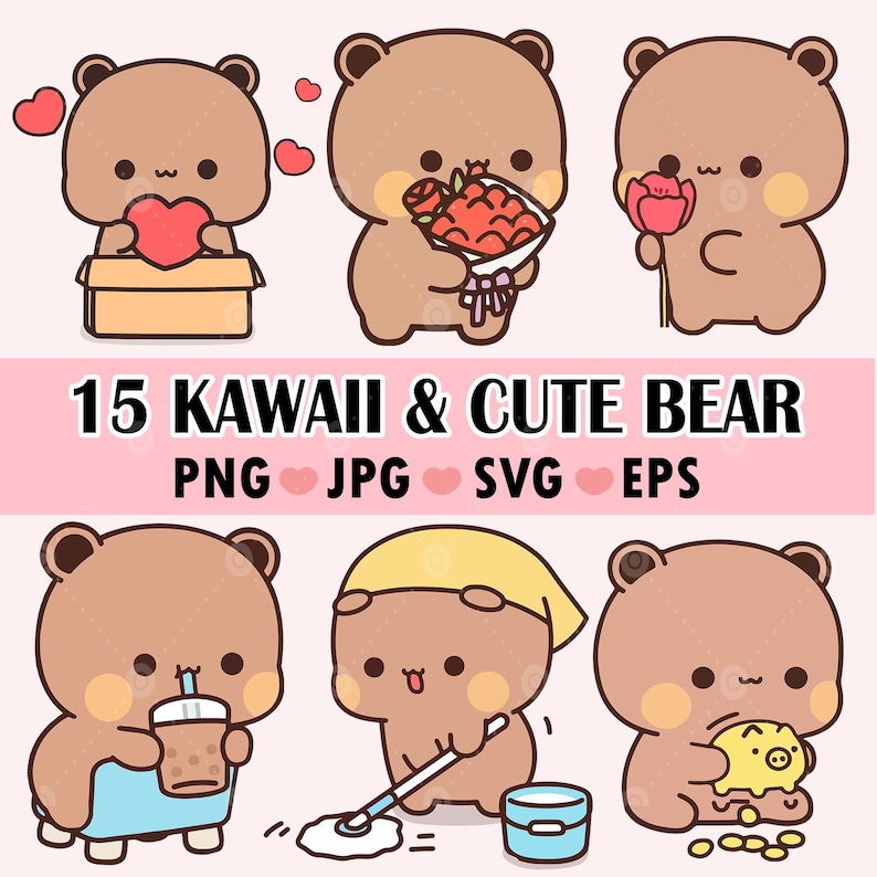 Kawaii Cute Bundle Bear Kawaii Clipart Set Cute Bear Clip Art Kawaii ...