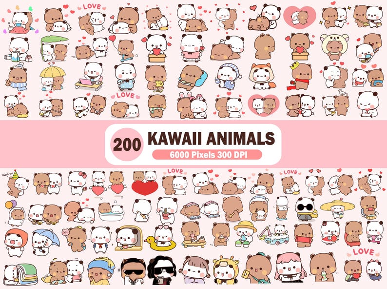 200 Cute Kawaii Animals PNG Clipart Digital Bundle for Stickers ...
