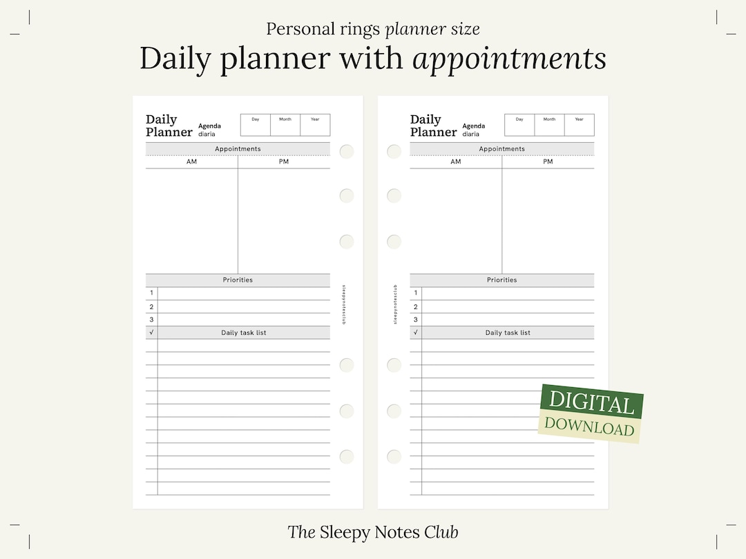 34 Personal Size Printable – Daily Planner With AM PM Appointments and ...