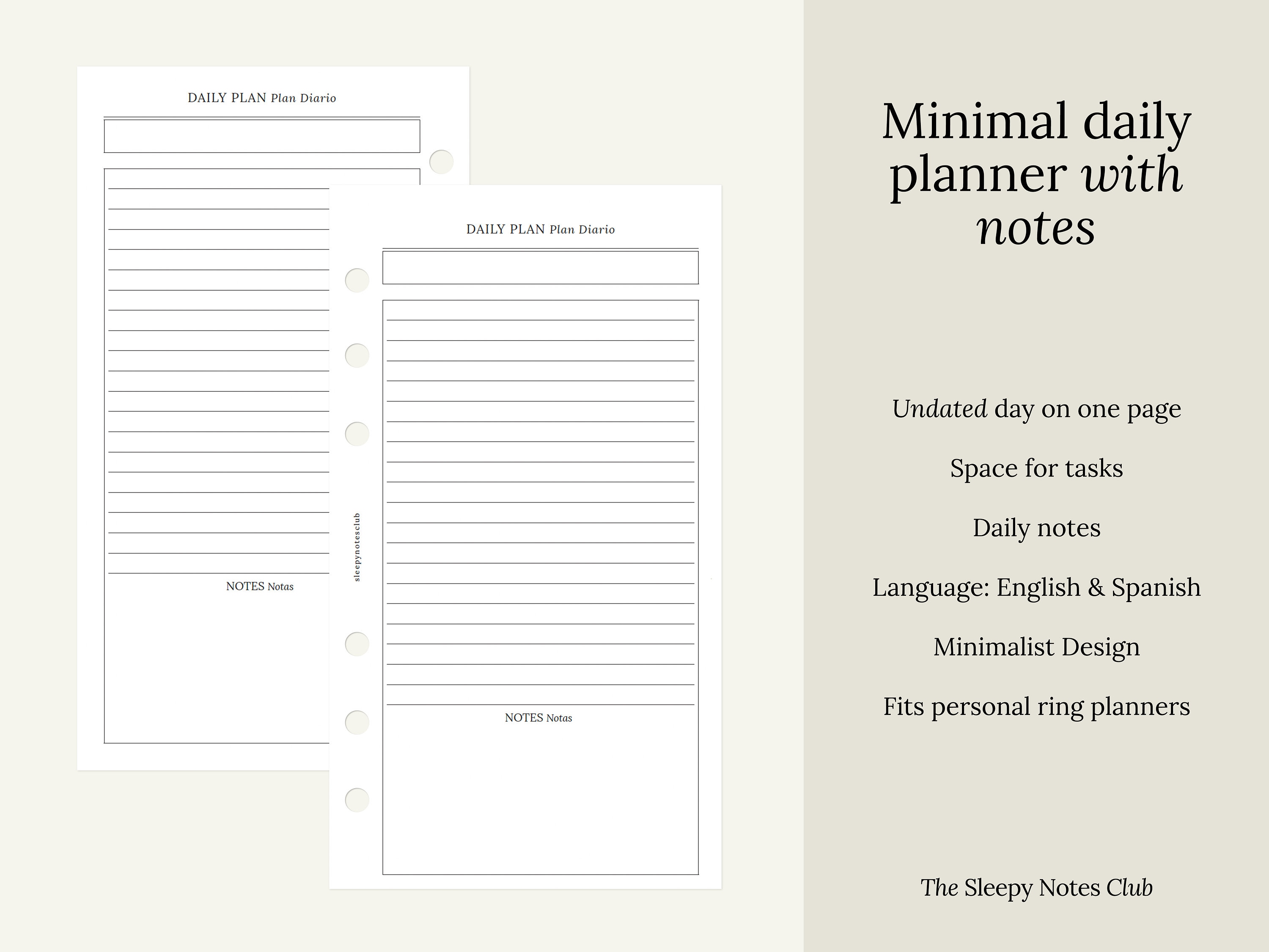 19 Personal Size Printable – Minimal Daily Planner With Notes – Daily ...