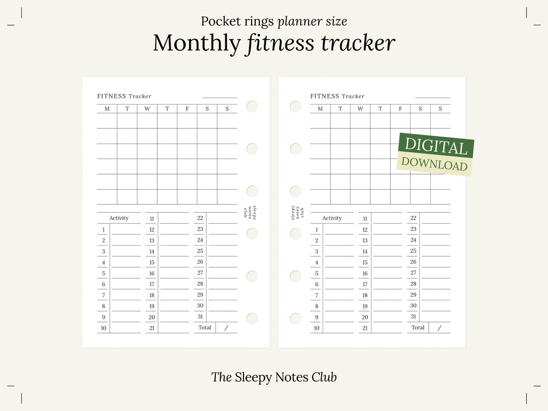10 Pocket Size Printable – Monthly Fitness Tracker– Pocket Ring Planner, Minimal Exercise ...