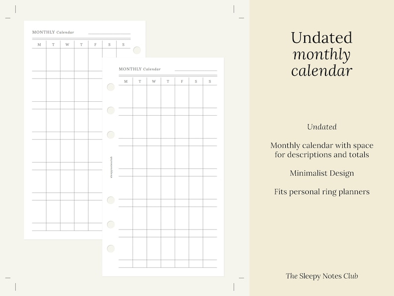20 Personal Size Printable – Undated Monthly Calendar – Printable ...