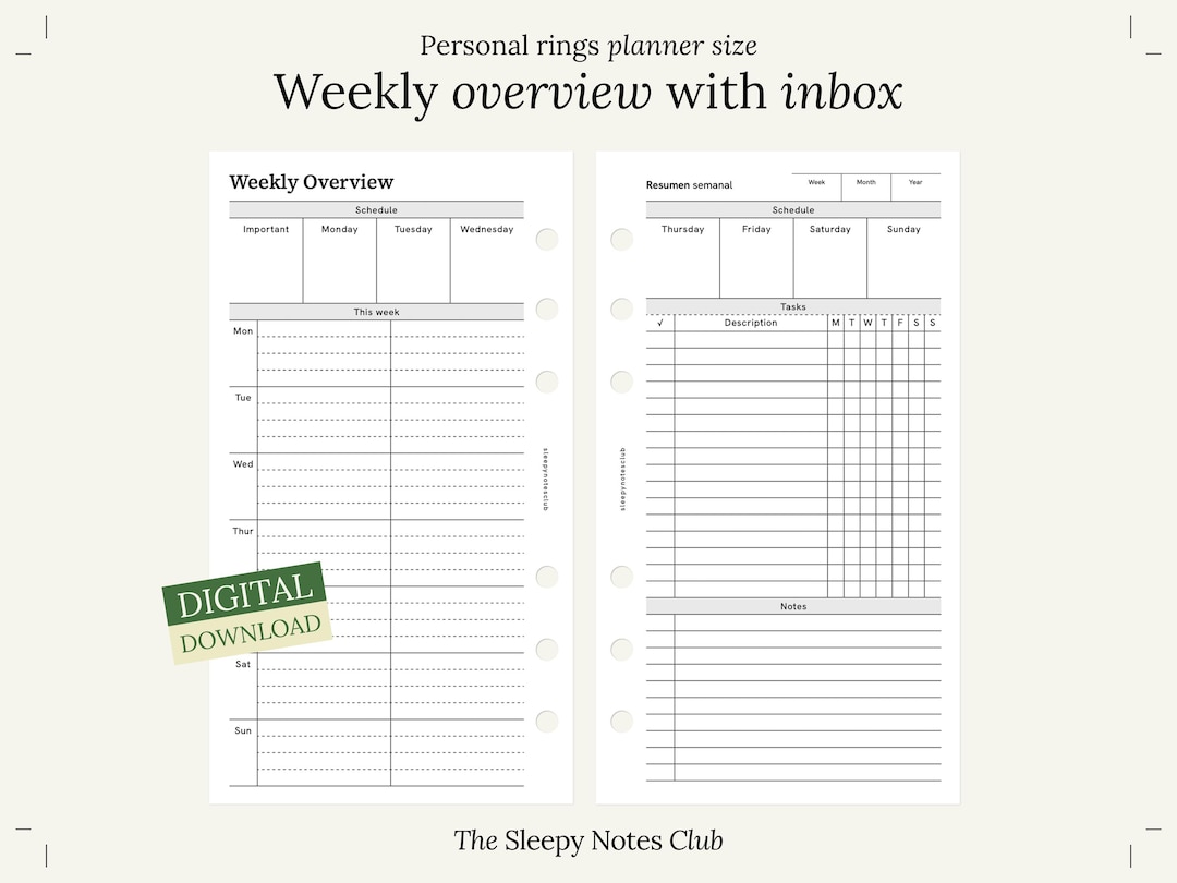 37 Personal Size Printable – Weekly Overview With Inbox – Minimal Rings ...