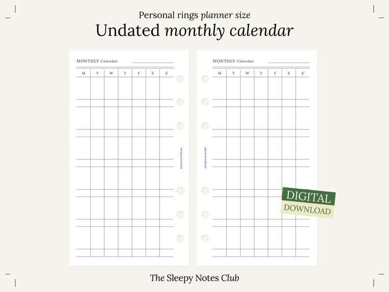 20 Personal Size Printable – Undated Monthly Calendar – Printable ...