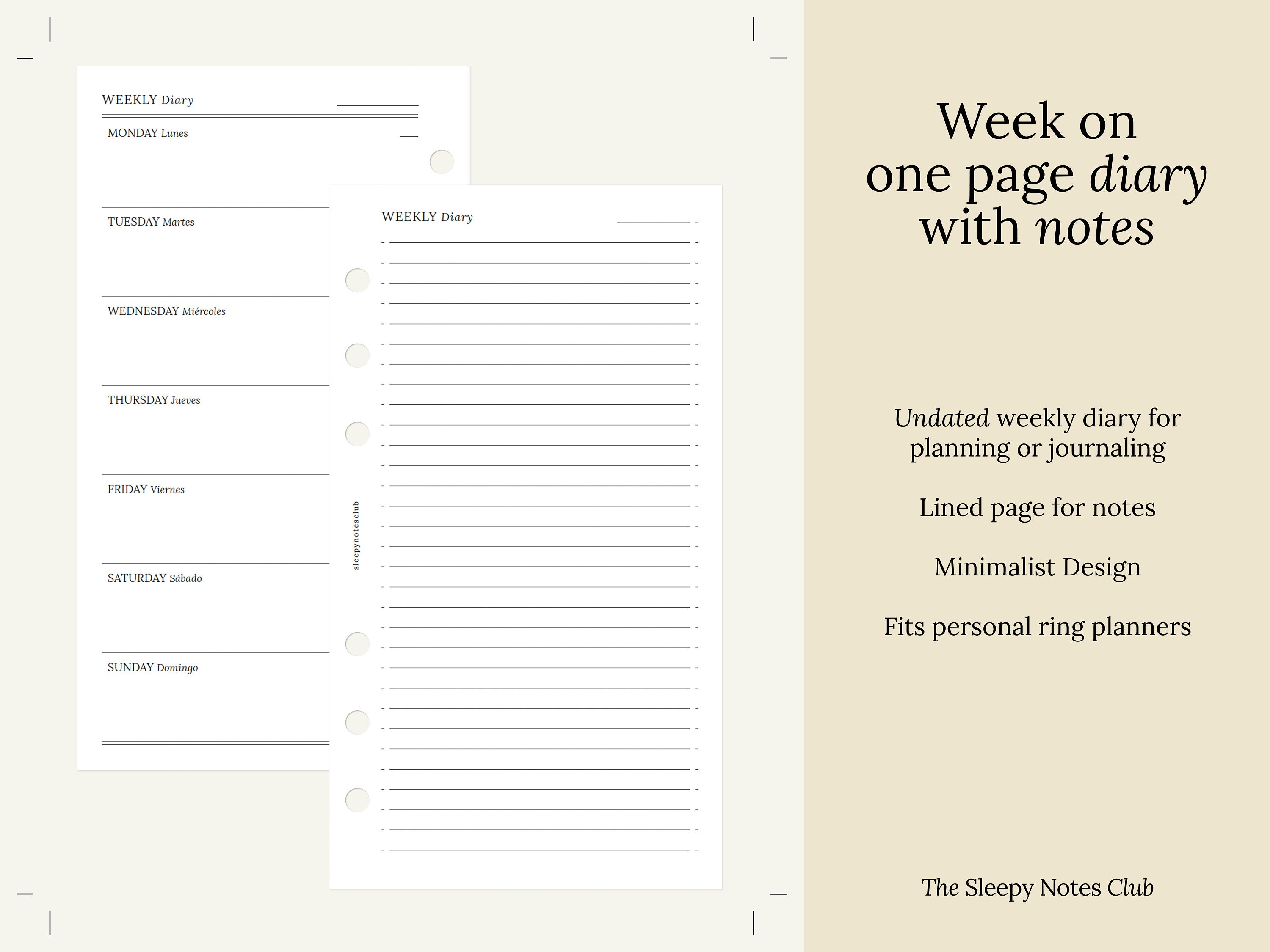03 Personal Size Printable WO1P Week on One Page Diary With Notes ...
