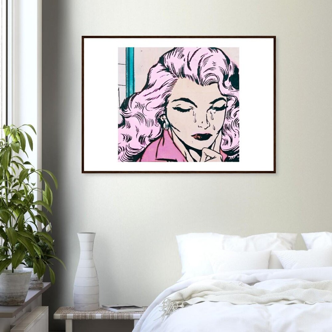 Popular Pink Retro Popart Crying Girl Poster Framed in Black Wooden ...