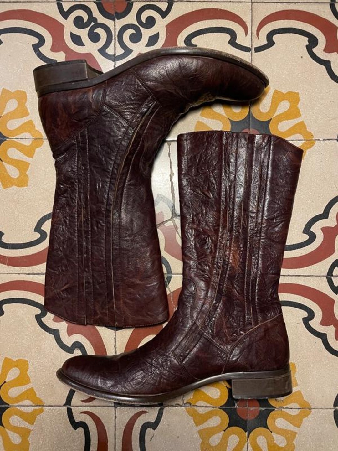 1980s Italian cowboy Textured Leather Boots - Etsy