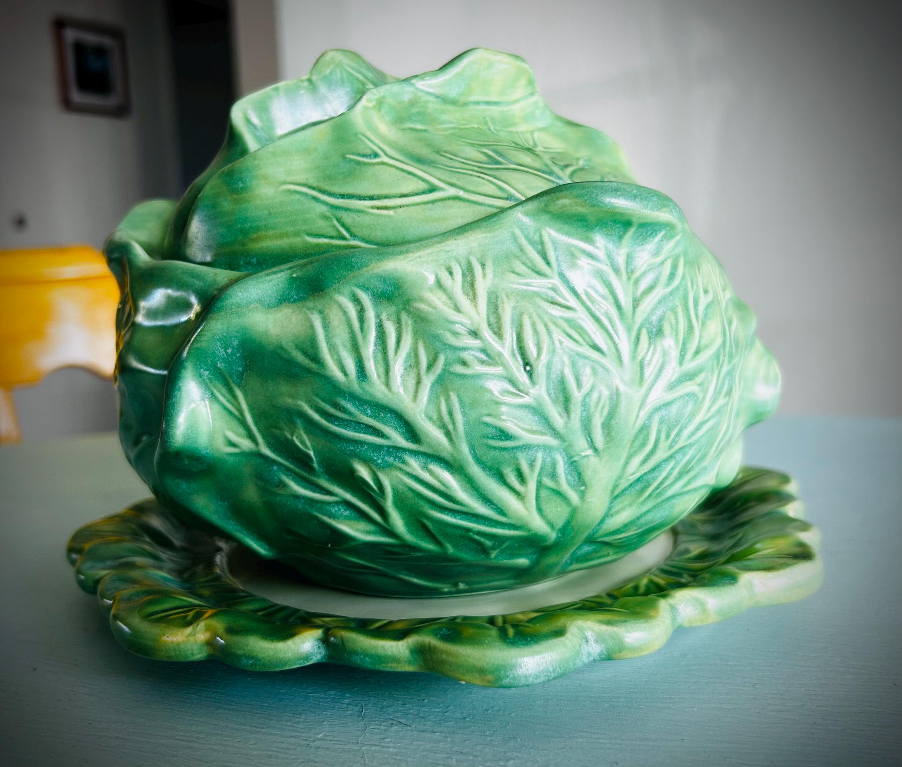 Vintage Holland Mold Cabbage 3 Piece Green Ceramic Bowl Lid Plate Dish ...
