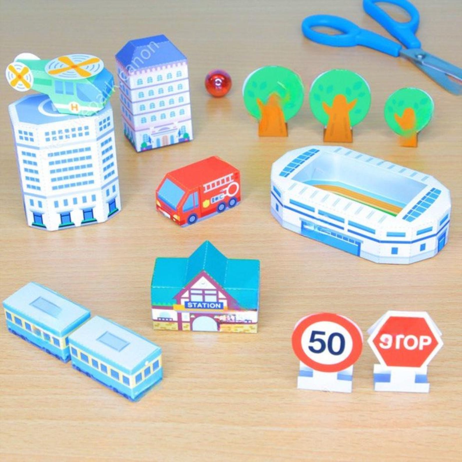 Papercraft City by the Sea Stadium Train Station Skyscraper DIY ...