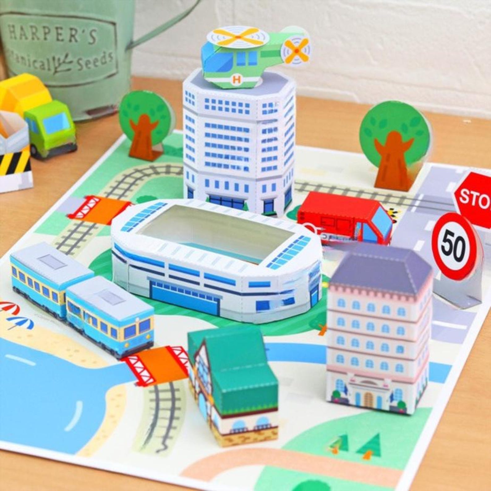 Papercraft City by the Sea Stadium Train Station Skyscraper DIY ...