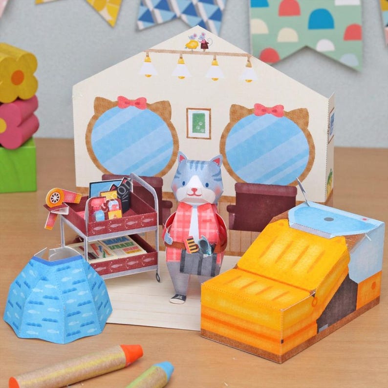 The Hairstylist Cat Papercraft for Kid Template Kit Miniature, Pdf ...