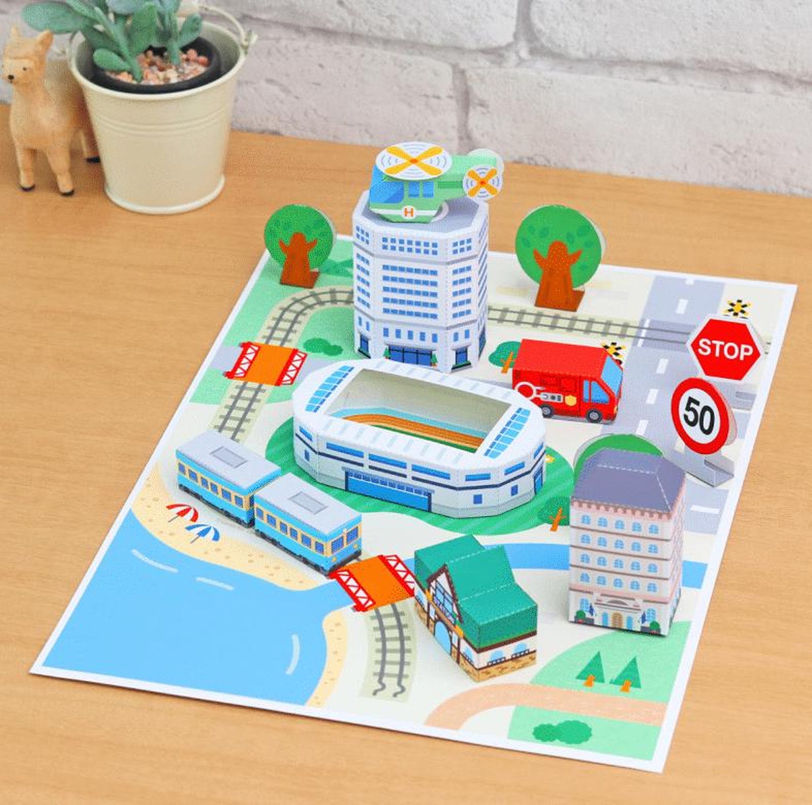 Papercraft City by the Sea Stadium Train Station Skyscraper DIY ...