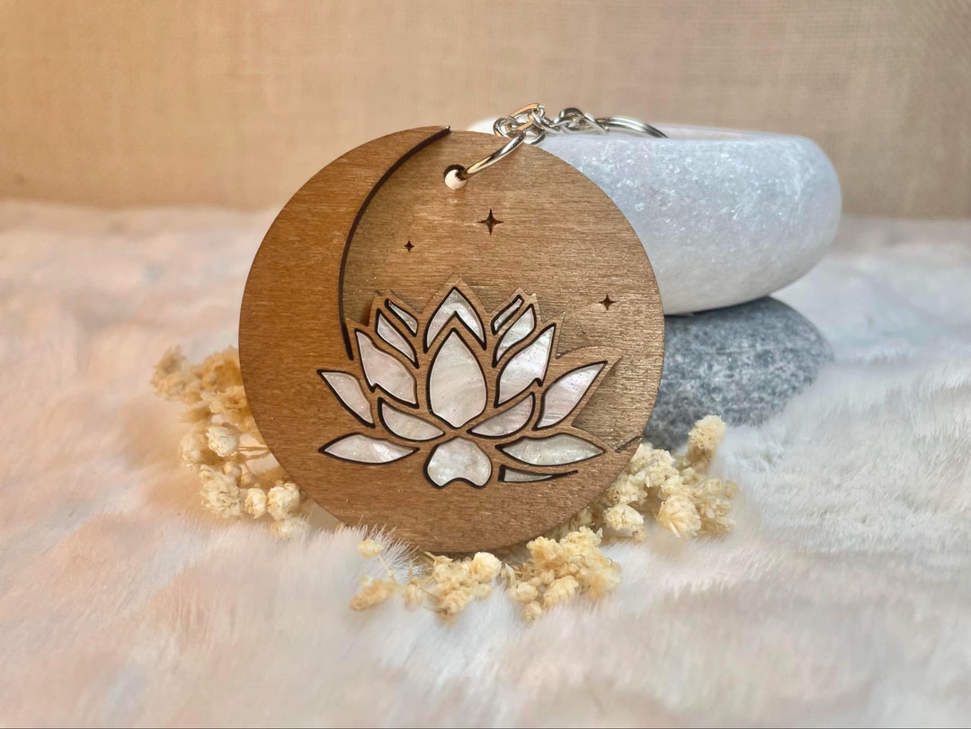Spiritual Lotus Flower Wooden Keyring, Personalised Keychain, Birthday ...