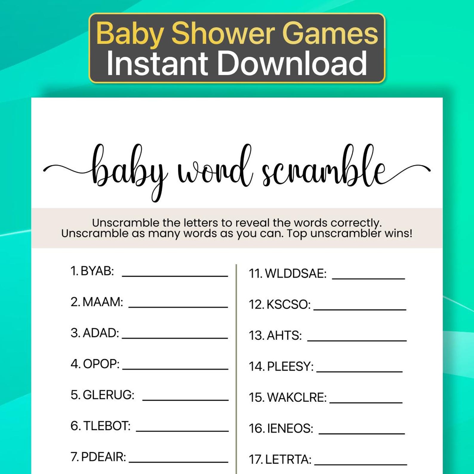 Printable Baby Shower Word Scramble Game Baby Shower Game Word Scramble ...