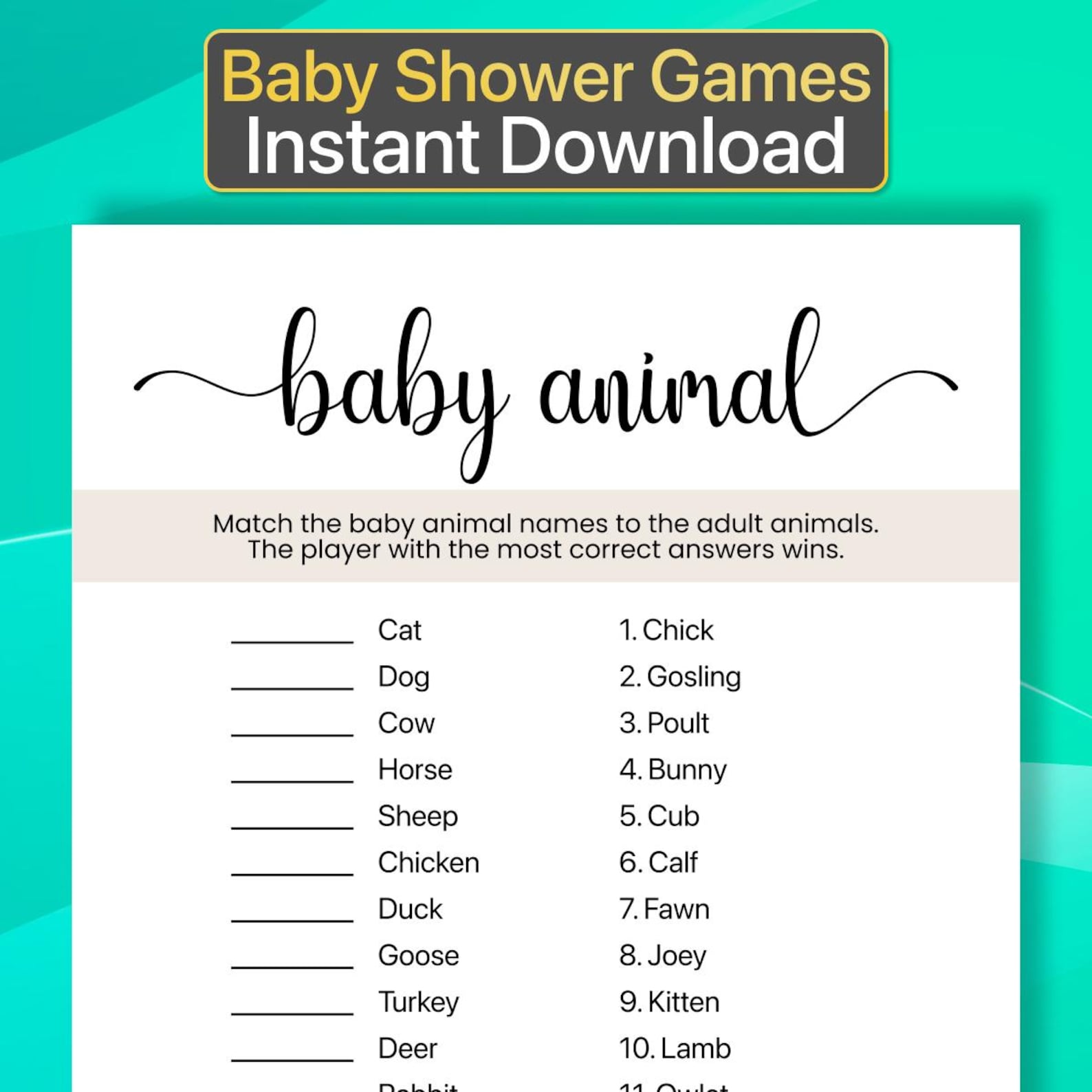 Printable Baby Animal Baby Shower Baby Animal Game Baby Shower Animal ...