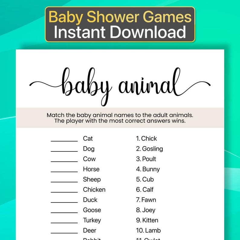 Printable Baby Animal Baby Shower Baby Animal Game Baby Shower Animal ...