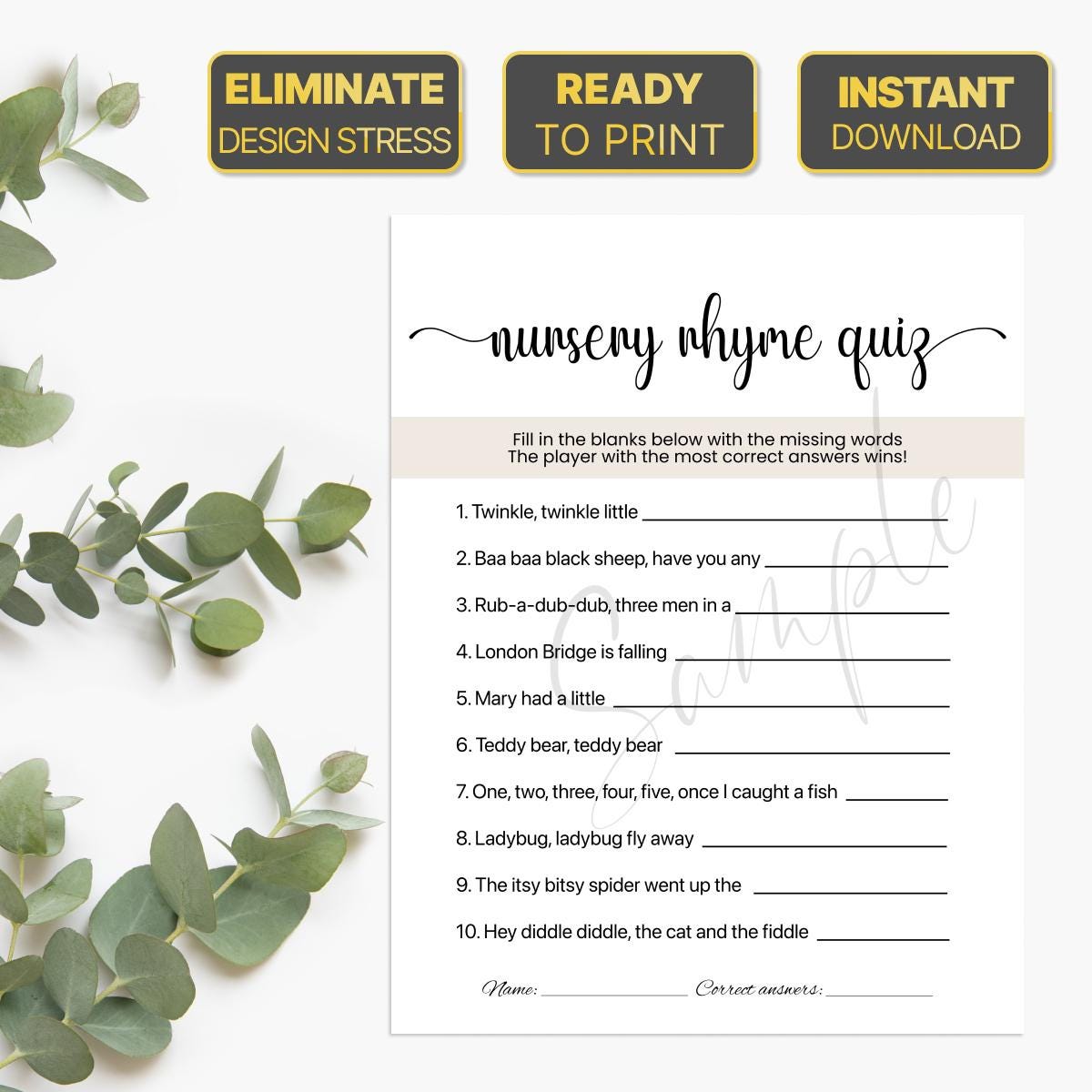 Printable Baby Shower Nursery Rhyme Game Baby Shower Game Nursery Rhyme ...