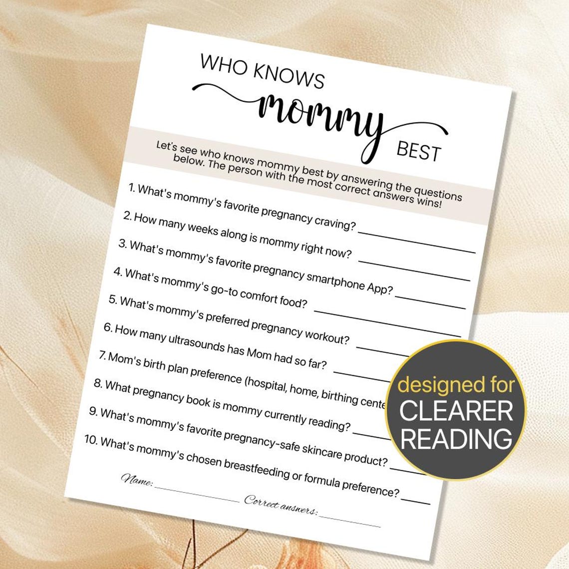Printable Who Knows Mommy Best Game Baby Shower Who Knows Mommy Best ...