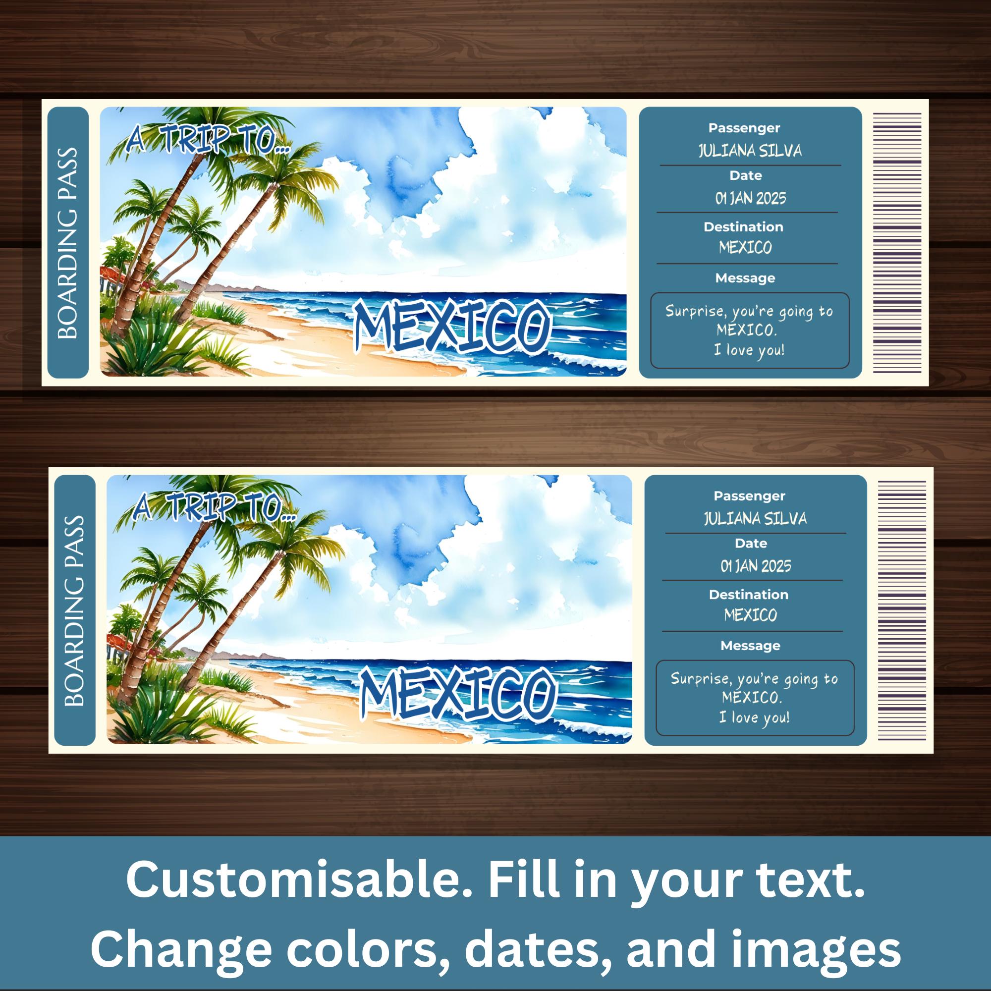 Editable Mexico Boarding Pass: Surprise Vacation Ticket (instant ...
