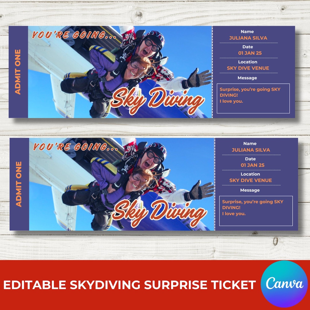 Editable Skydiving Surprise Gift Ticket | You're Going SKYDIVING ...