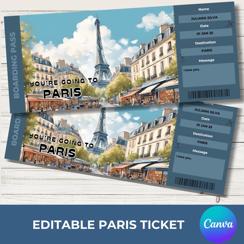 Editable Paris Boarding Pass: Surprise Vacation Ticket (canva Template ...