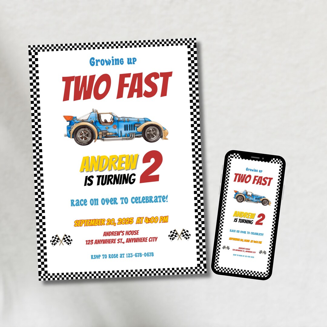 Two Fast Race Car 2nd Birthday Invitation: Editable Canva Template ...
