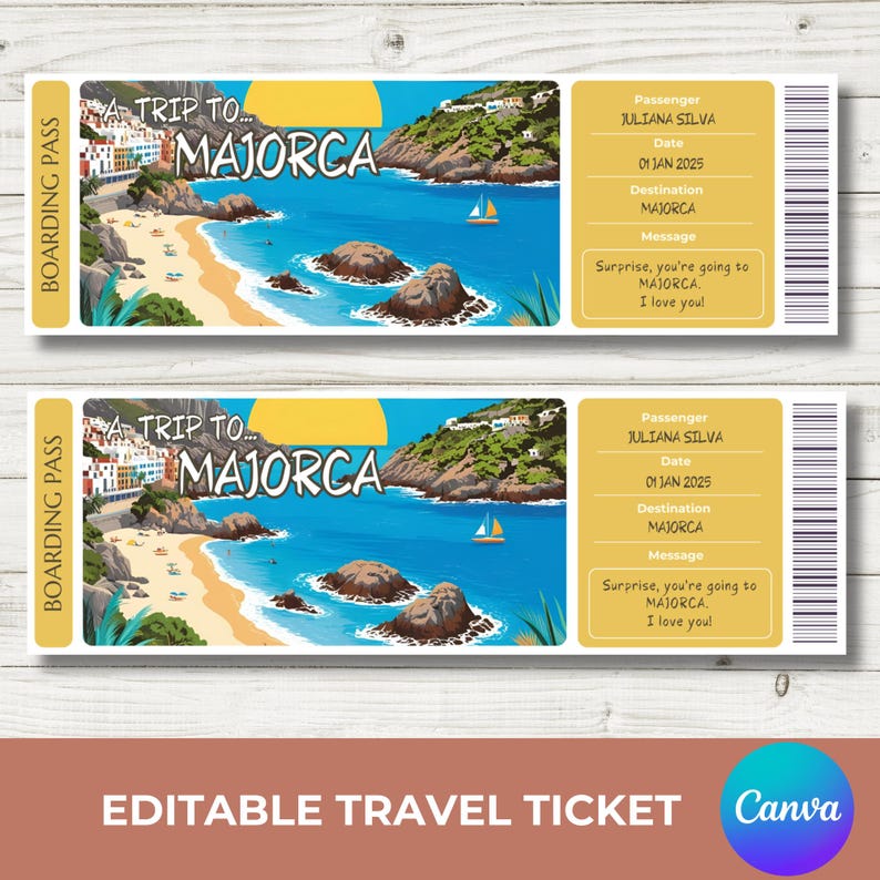 Majorca Trip Ticket: Surprise Vacation Reveal (canva Template) - Etsy