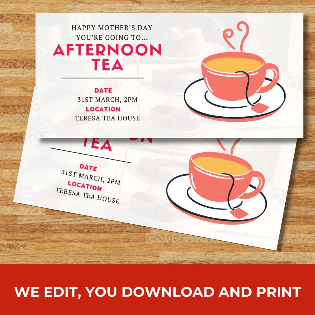 Afternoon Tea Ticket for Mothers Day Gift Editable Afternoon Tea Gift ...
