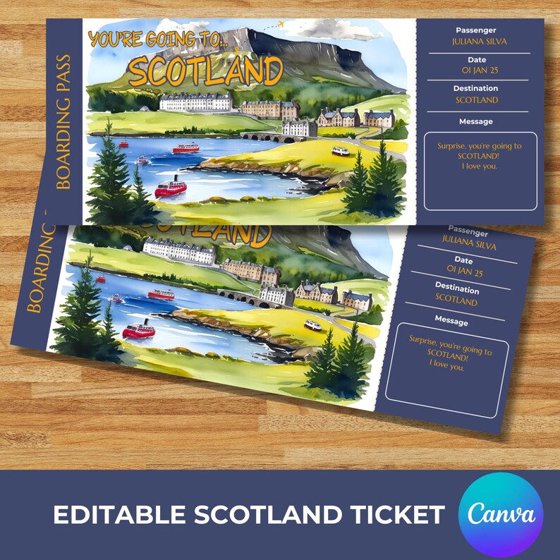 Editable Scotland Trip Ticket: Surprise Vacation Reveal (canva Template ...