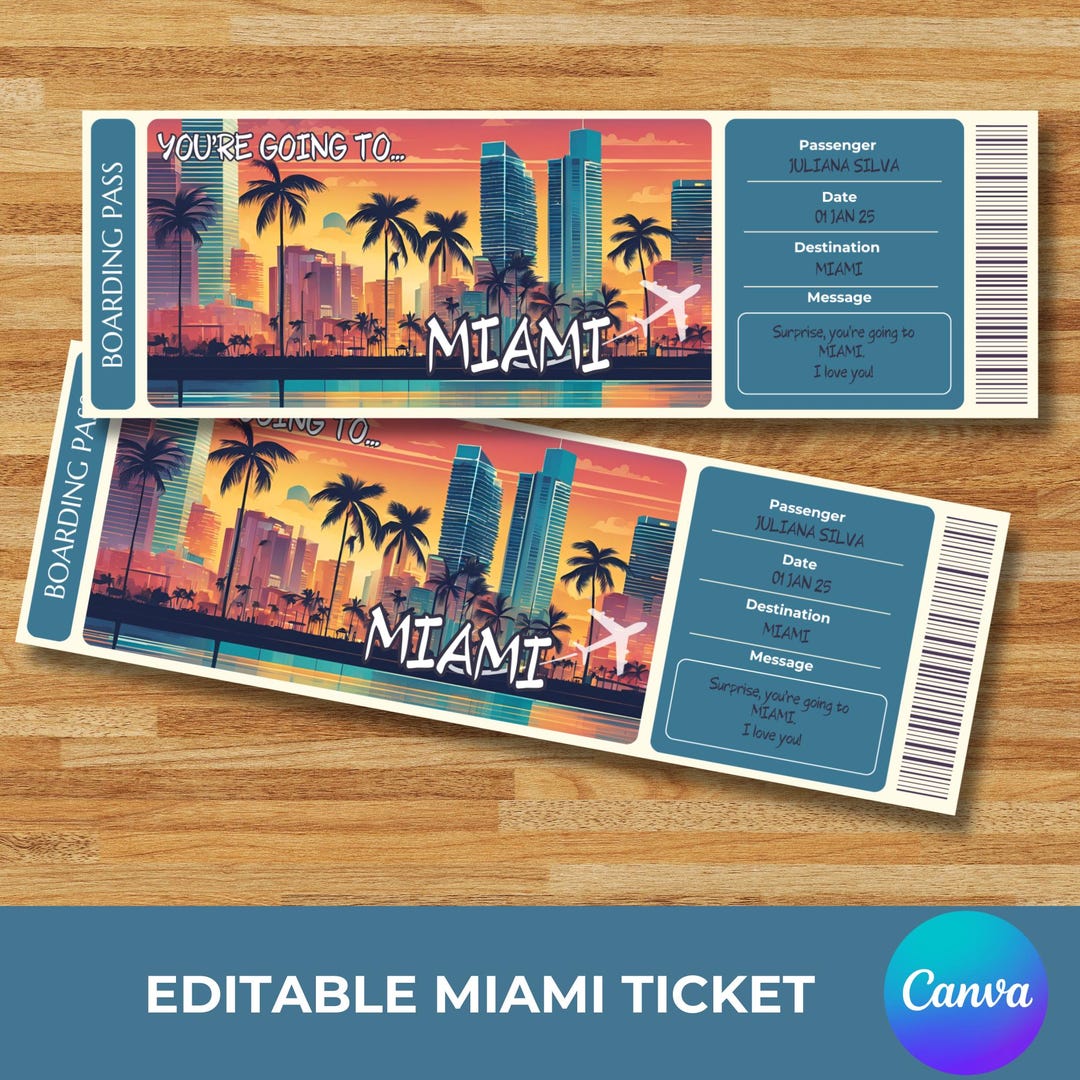 Editable Miami Ticket | Florida Trip Surprise Gift | You're Going to ...
