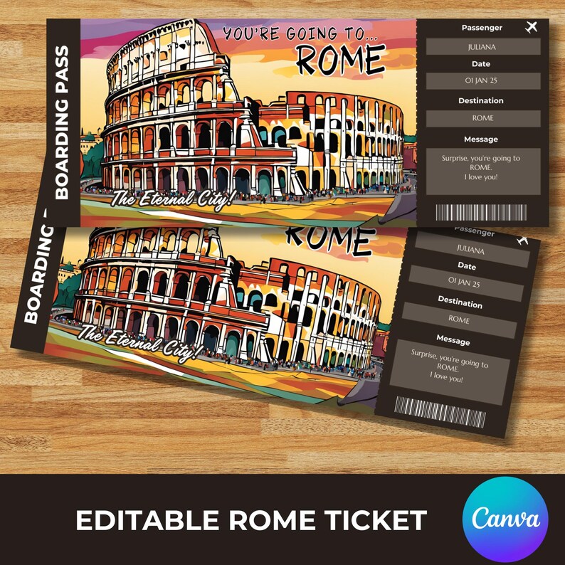 Printable Rome Boarding Pass: Surprise Vacation Ticket (instant ...