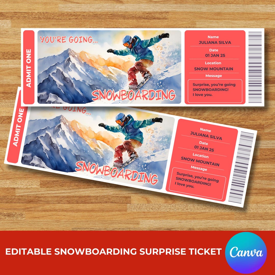 Editable Snowboarding Trip Ticket: Surprise Travel Invitation (digital ...