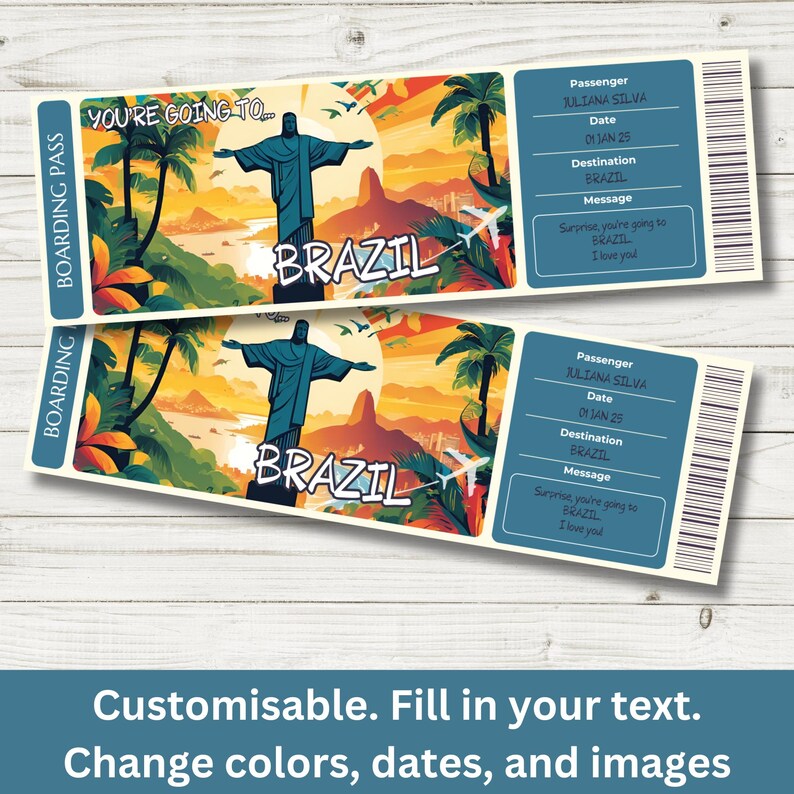 Editable Brazil Trip Ticket: Surprise Vacation Reveal (digital Download ...