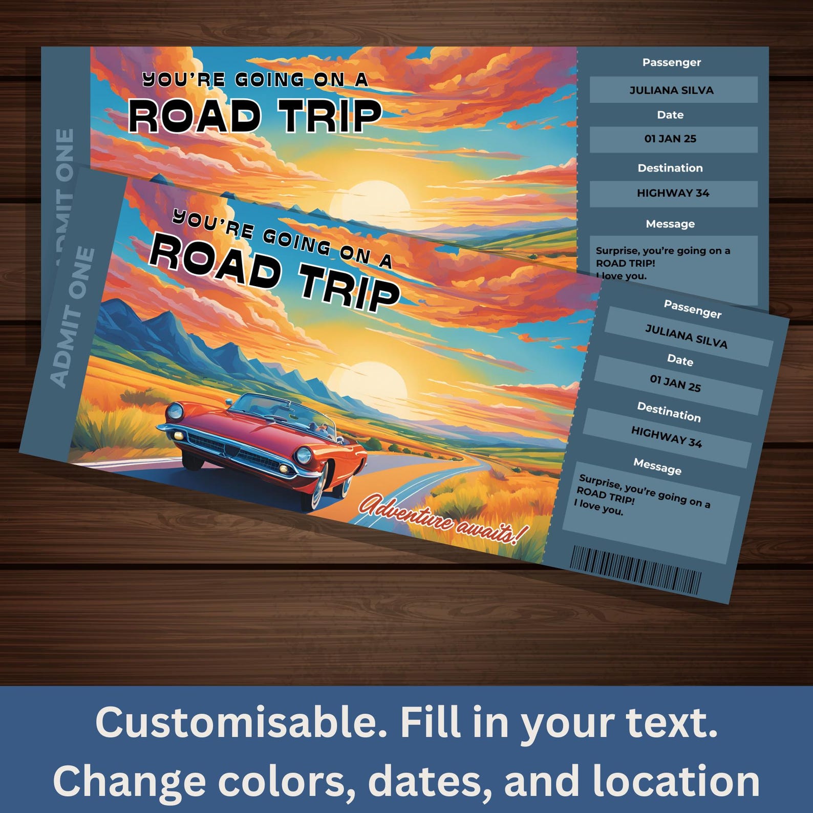 Editable Road Trip Ticket: Surprise Vacation Reveal (instant Download ...