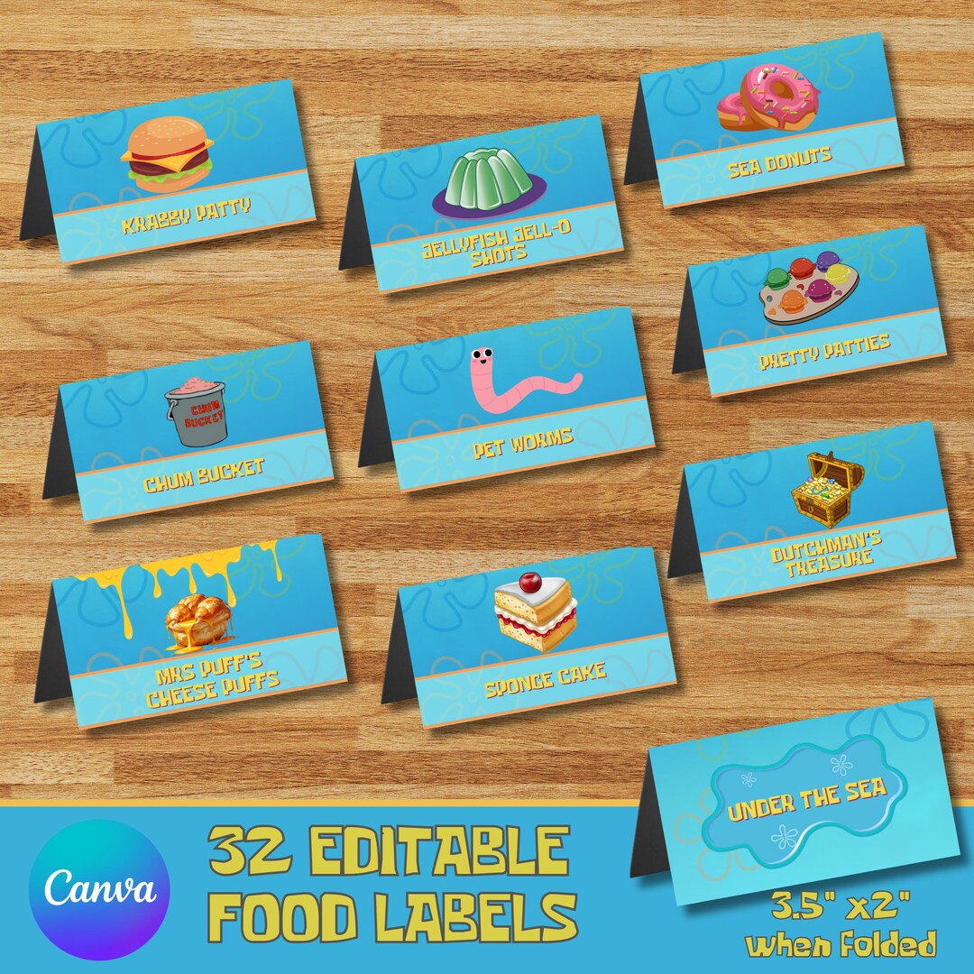 Cartoon Under the Sea Food Labels Set, Food Tent Labels, Spongebob ...