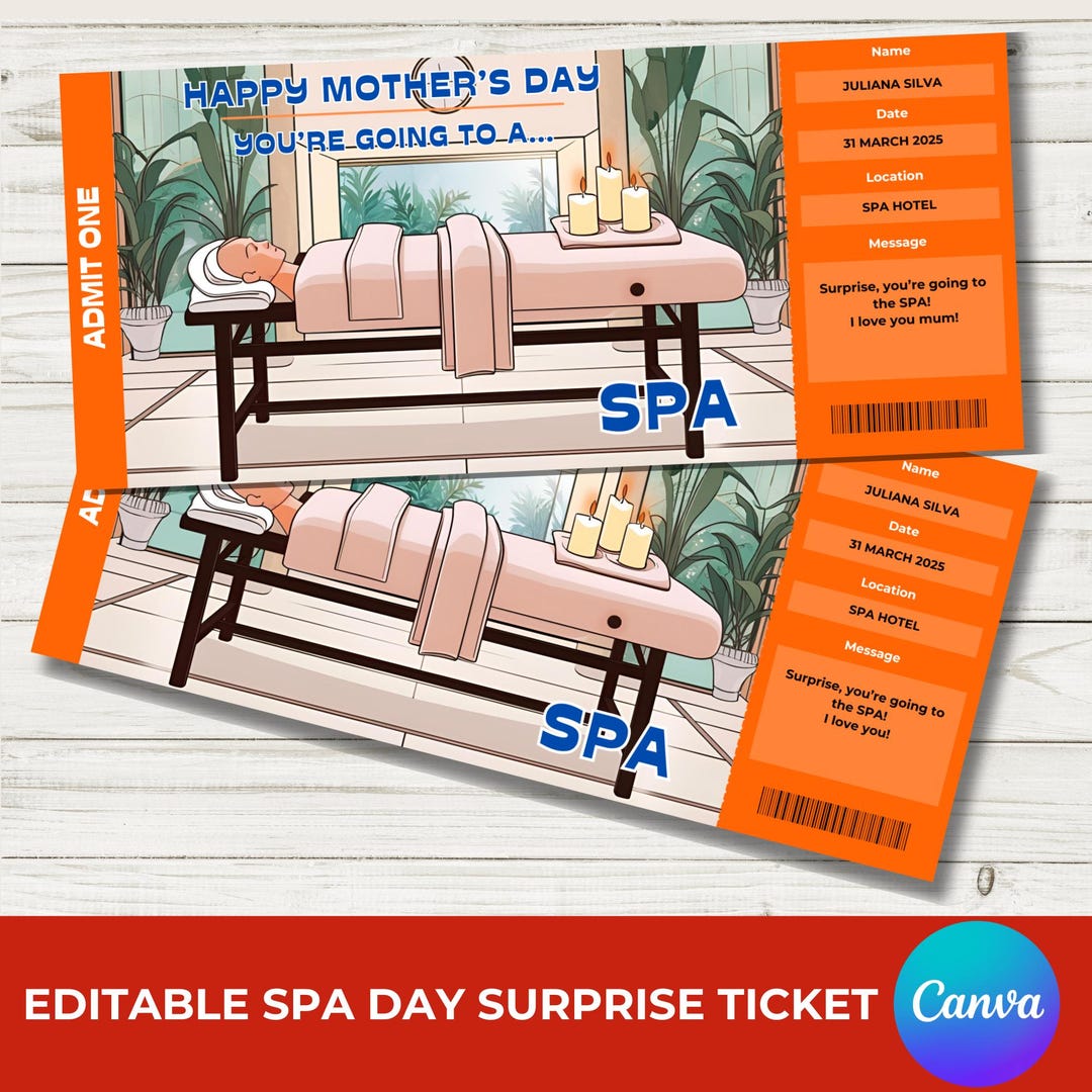 Editable Spa Day Ticket: Printable Gift Voucher (canva Template) - Etsy