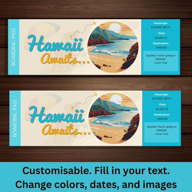 Editable Hawaii Boarding Pass: Surprise Vacation Ticket (instant ...