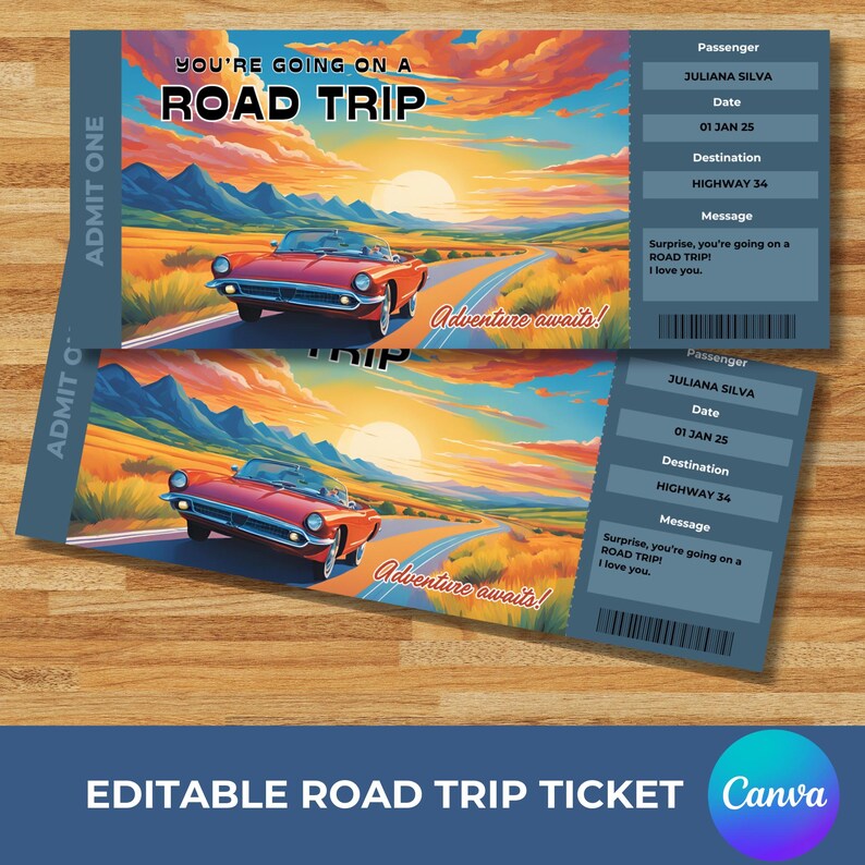 Editable Road Trip Ticket: Surprise Vacation Reveal (instant Download ...