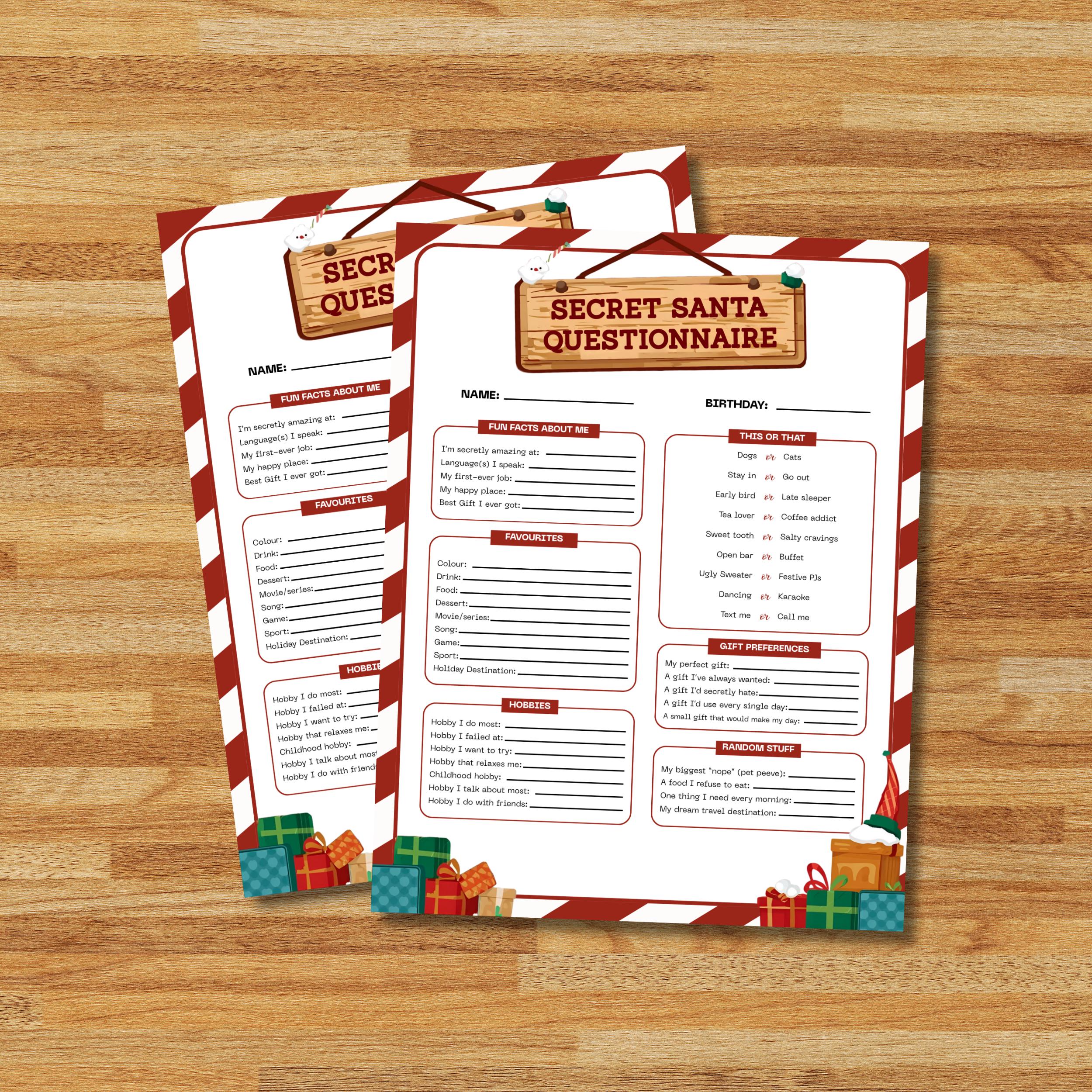 Editable Secret Santa Questionnaire | Printable Christmas Gift Exchange ...