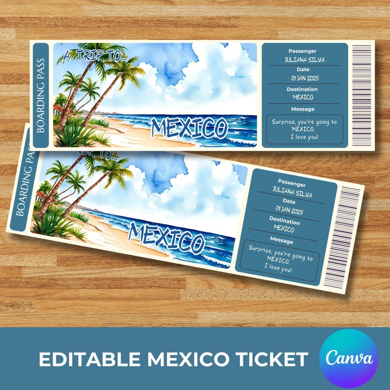 Editable Mexico Boarding Pass: Surprise Vacation Ticket (instant ...
