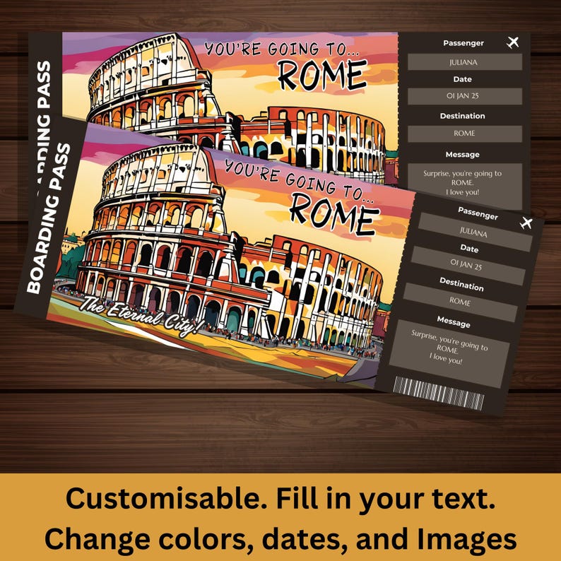 Printable Rome Boarding Pass: Surprise Vacation Ticket (instant ...