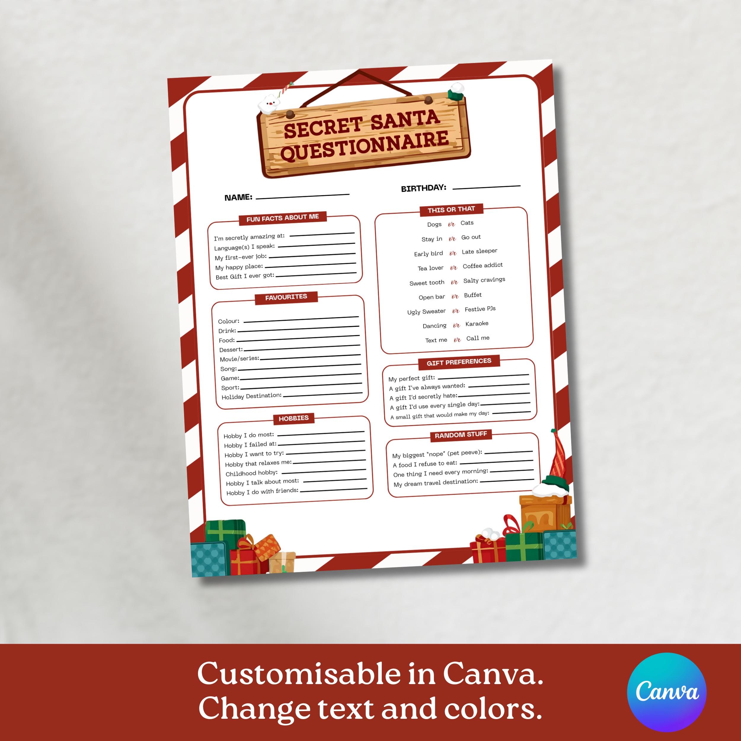 Editable Secret Santa Questionnaire | Printable Christmas Gift Exchange ...